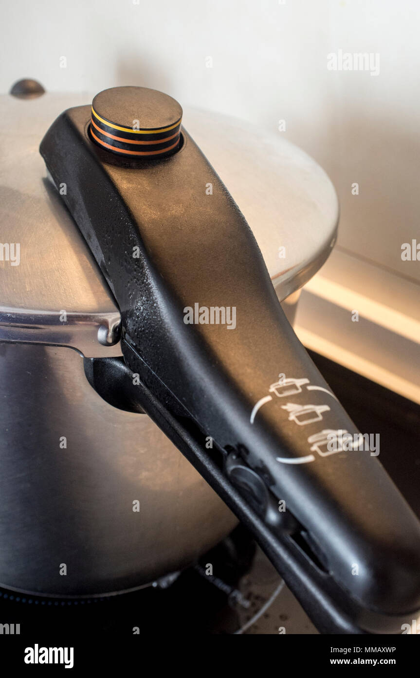 Stainless Steel Pressure Cooker at work. Rising indicator detail with ...