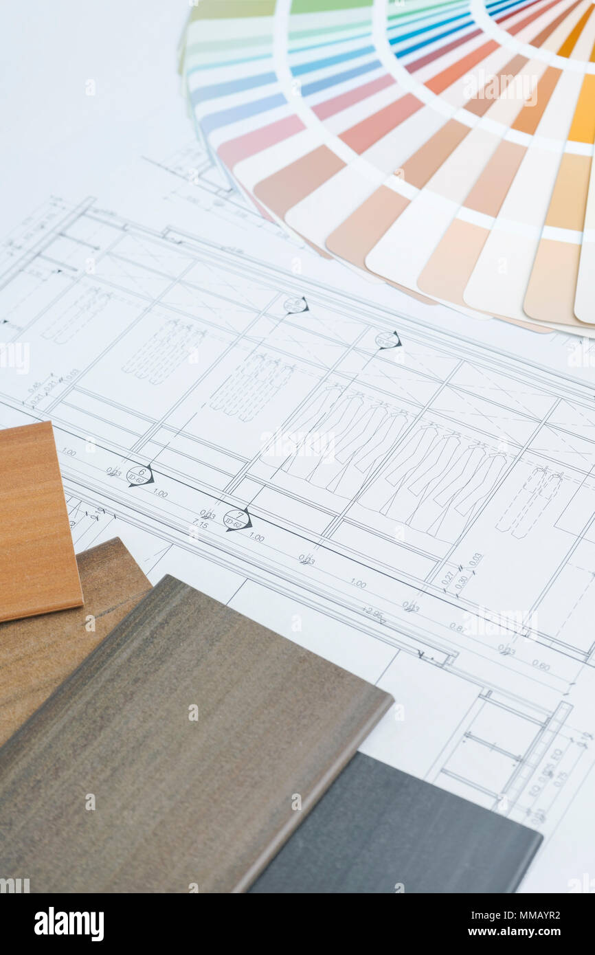 color and material samples on architectural drawings of the modern ...