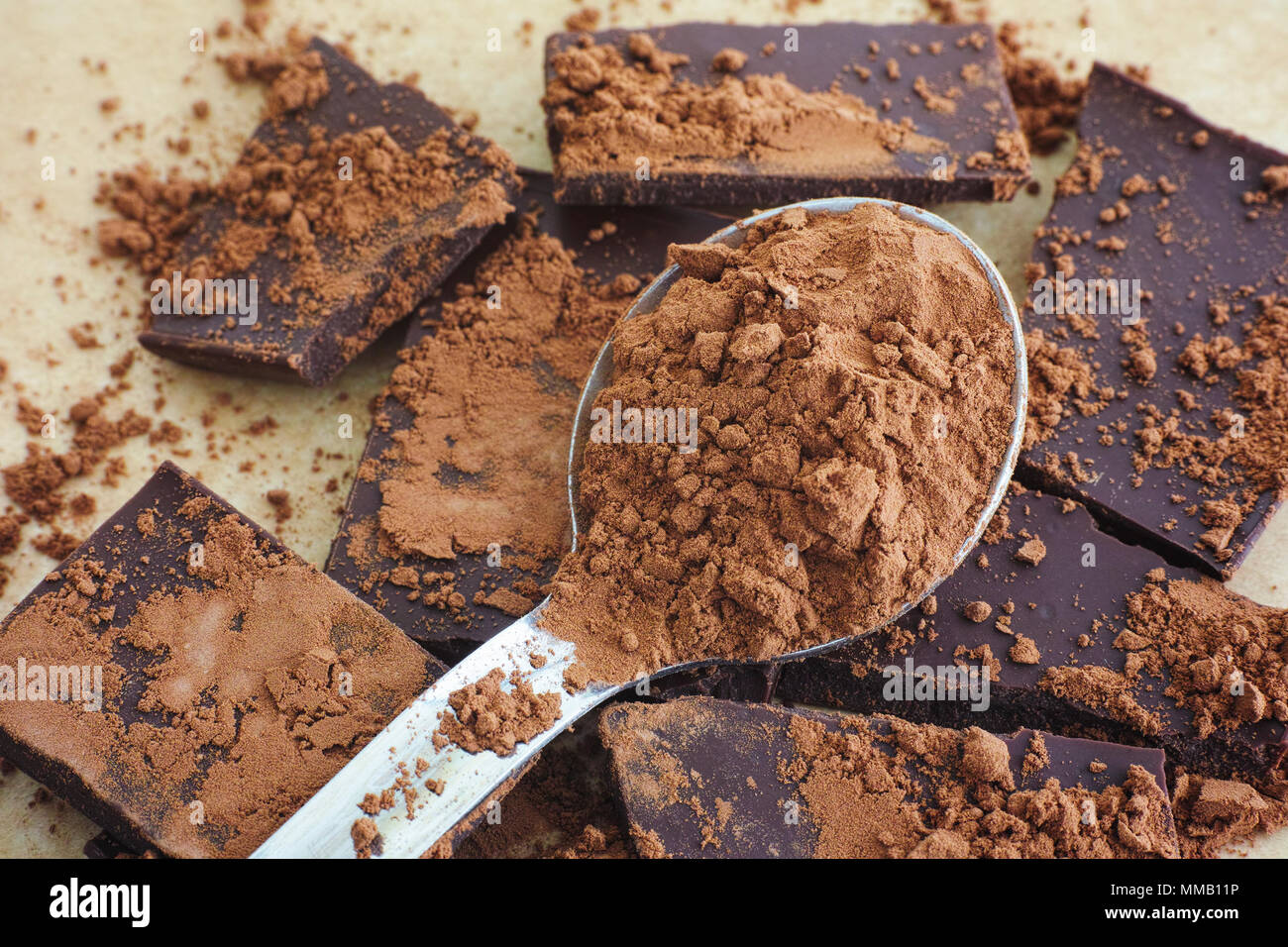 Organic raw cocoa powder with chocolate. Close up Stock Photo - Alamy