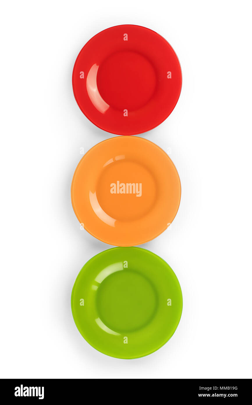 Three colored plates, red, yellow and green, arranged as traffic light ...