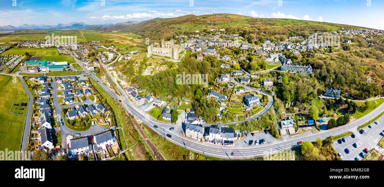 Aerial view of the skyline of Harlech with it's 12th century castle ...