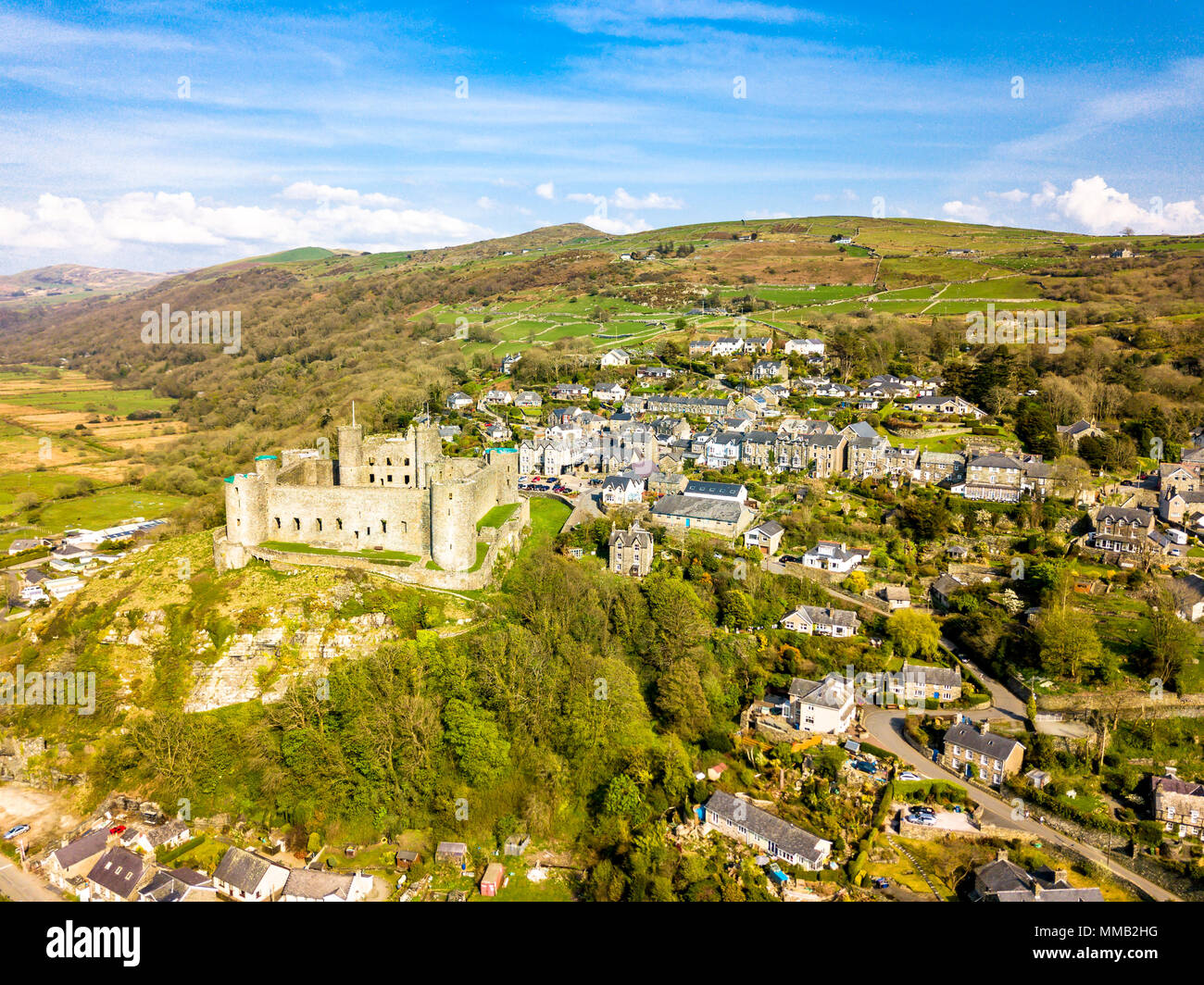 Aerial view of the skyline of Harlech with it's 12th century castle ...