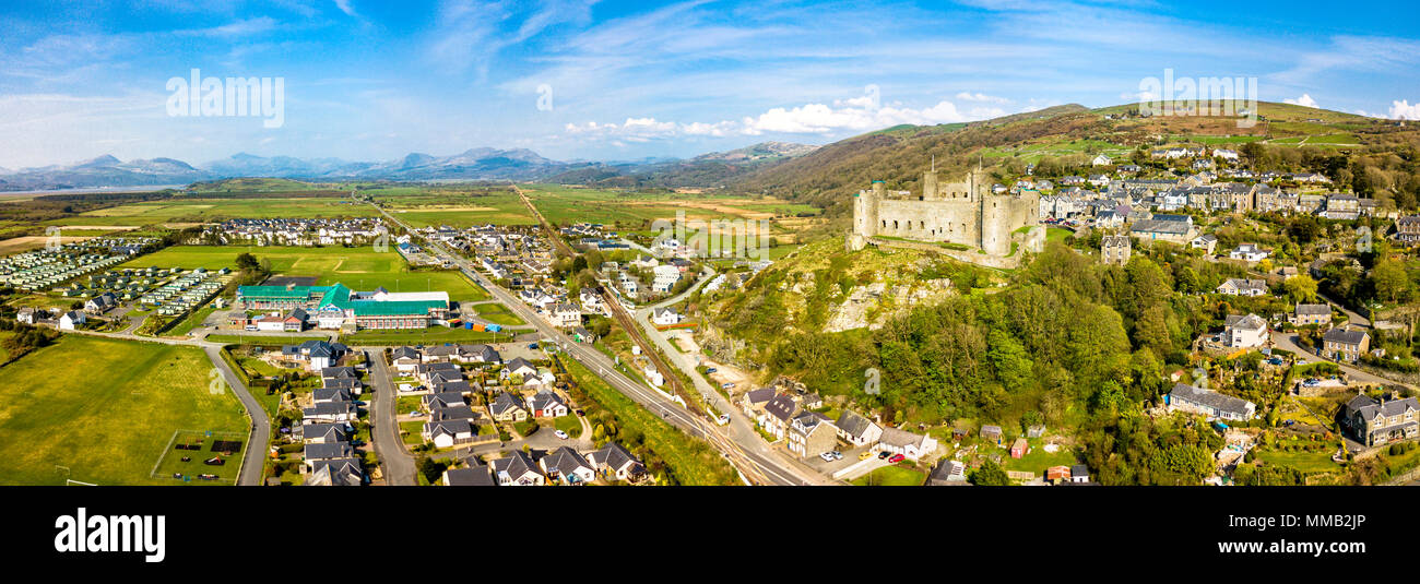 Aerial view of the skyline of Harlech with it's 12th century castle ...