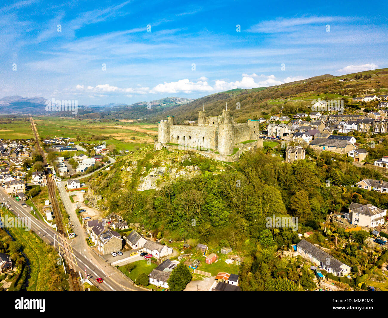 Aerial view of the skyline of Harlech with it's 12th century castle ...