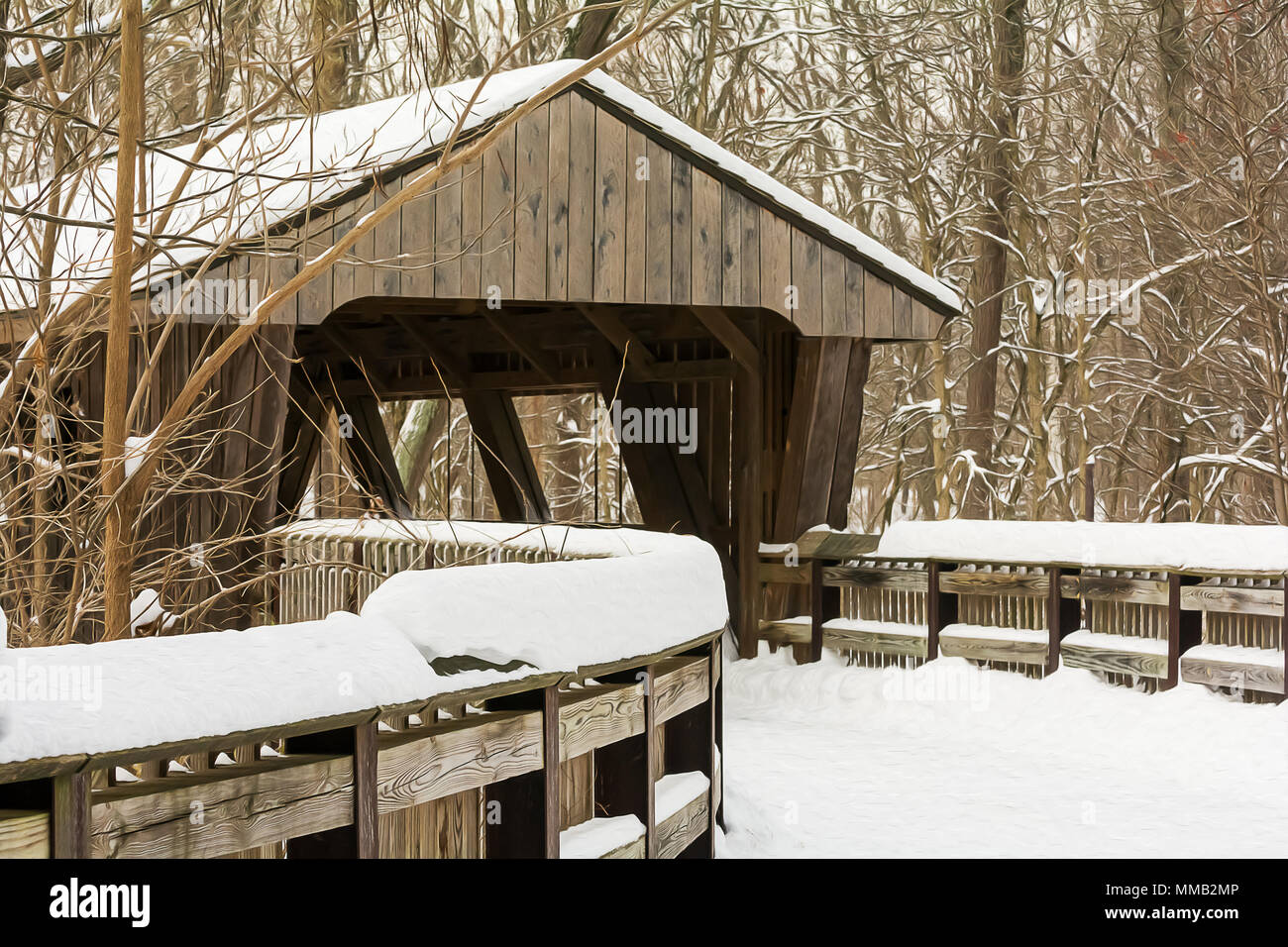 Winter scene with a winding wooden boardwalk leading to a covered ...