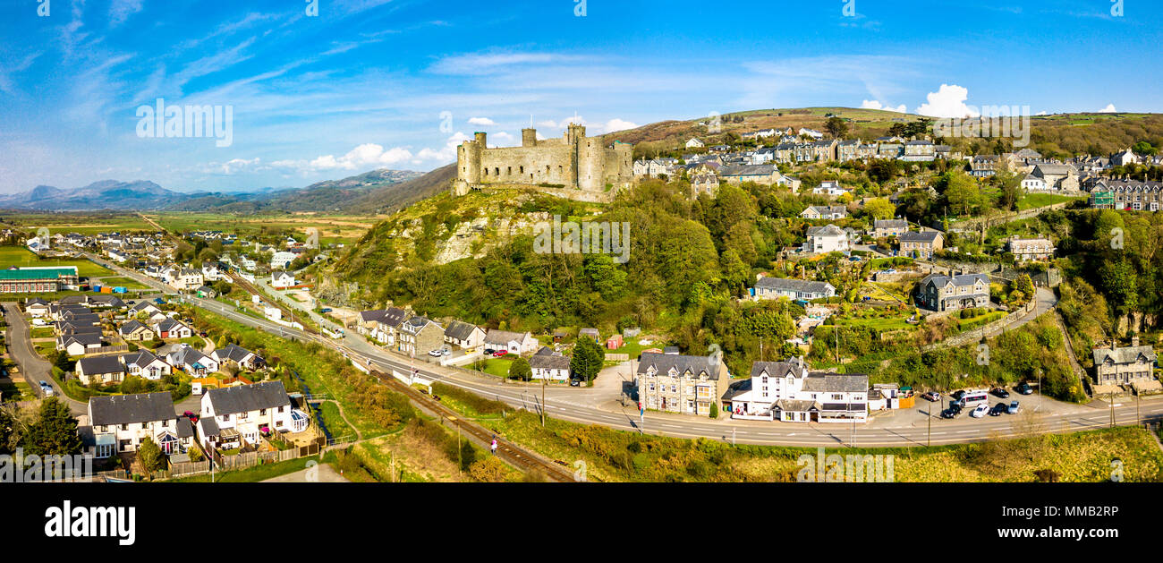 Aerial view of the skyline of Harlech with it's 12th century castle ...