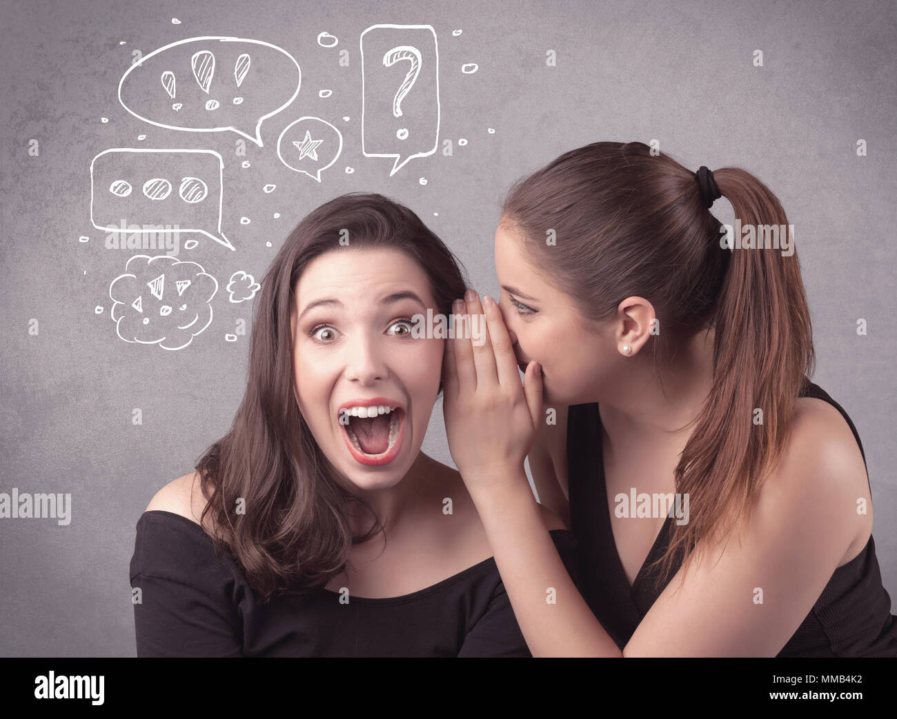 Two girls chatting and sharing their secrets concept with drawn chat ...