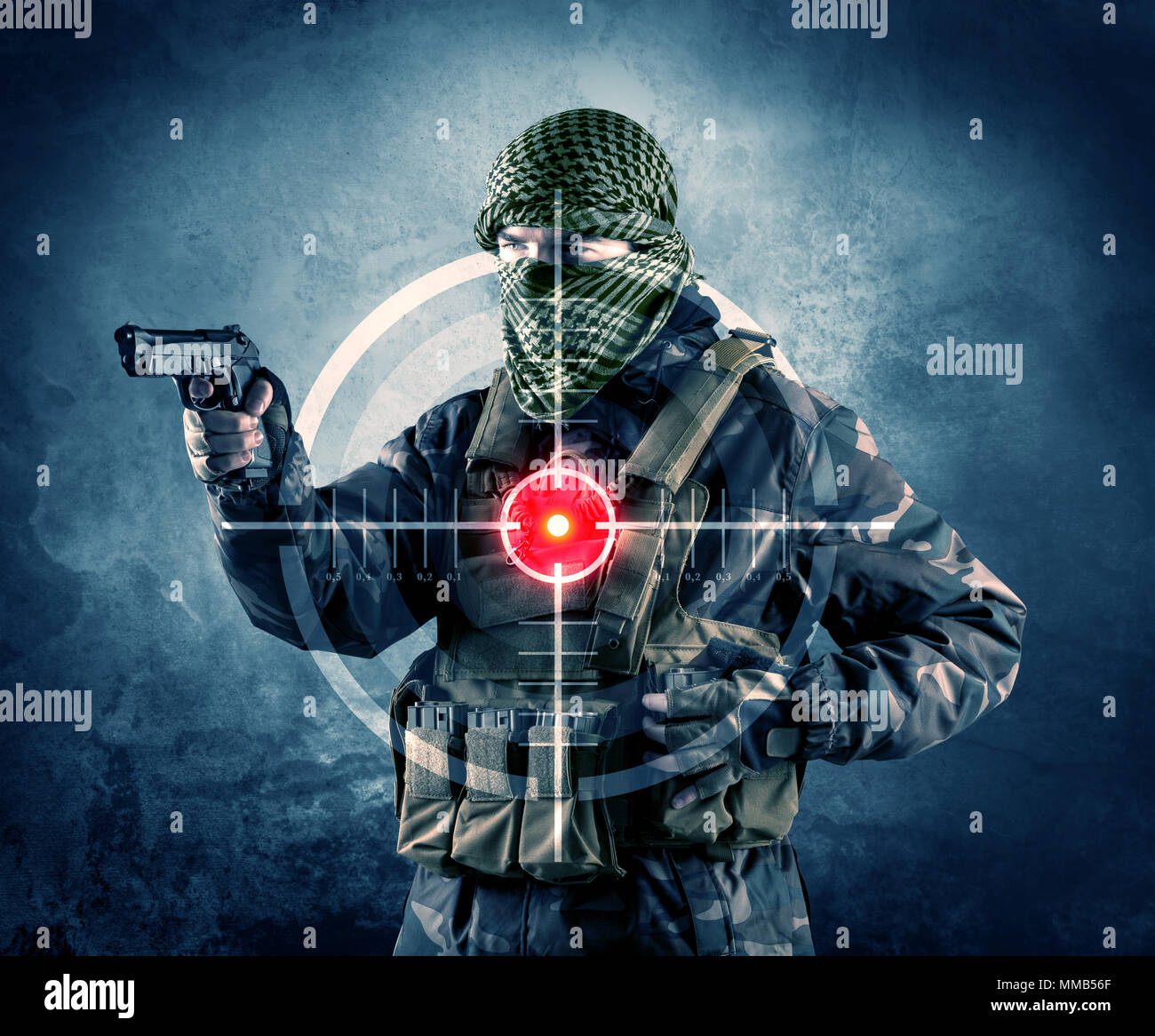 Masked terrorist man with gun and laser target on his body concept ...