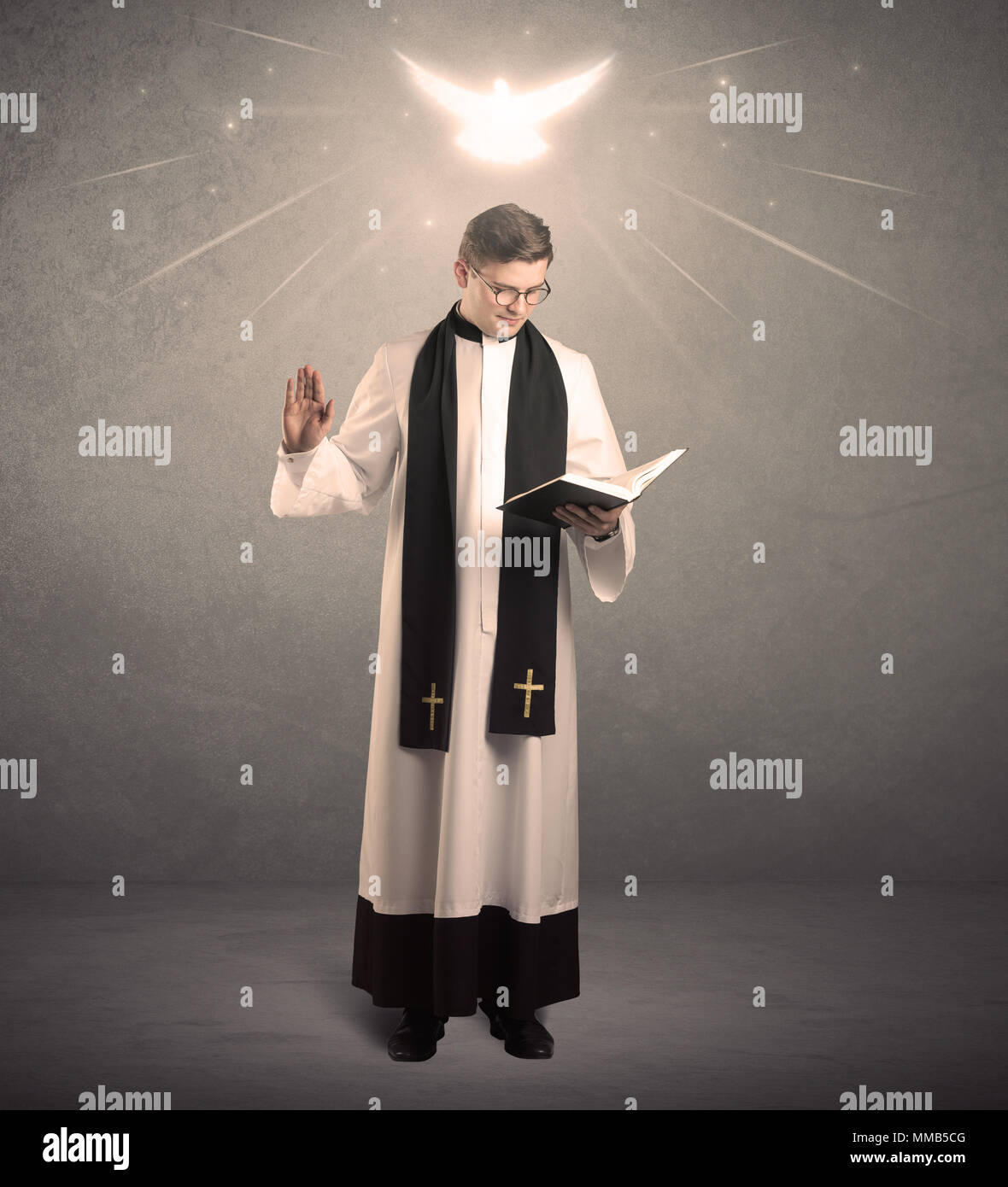 A holy priest reading a prayer from the holy bible with illustrated ...