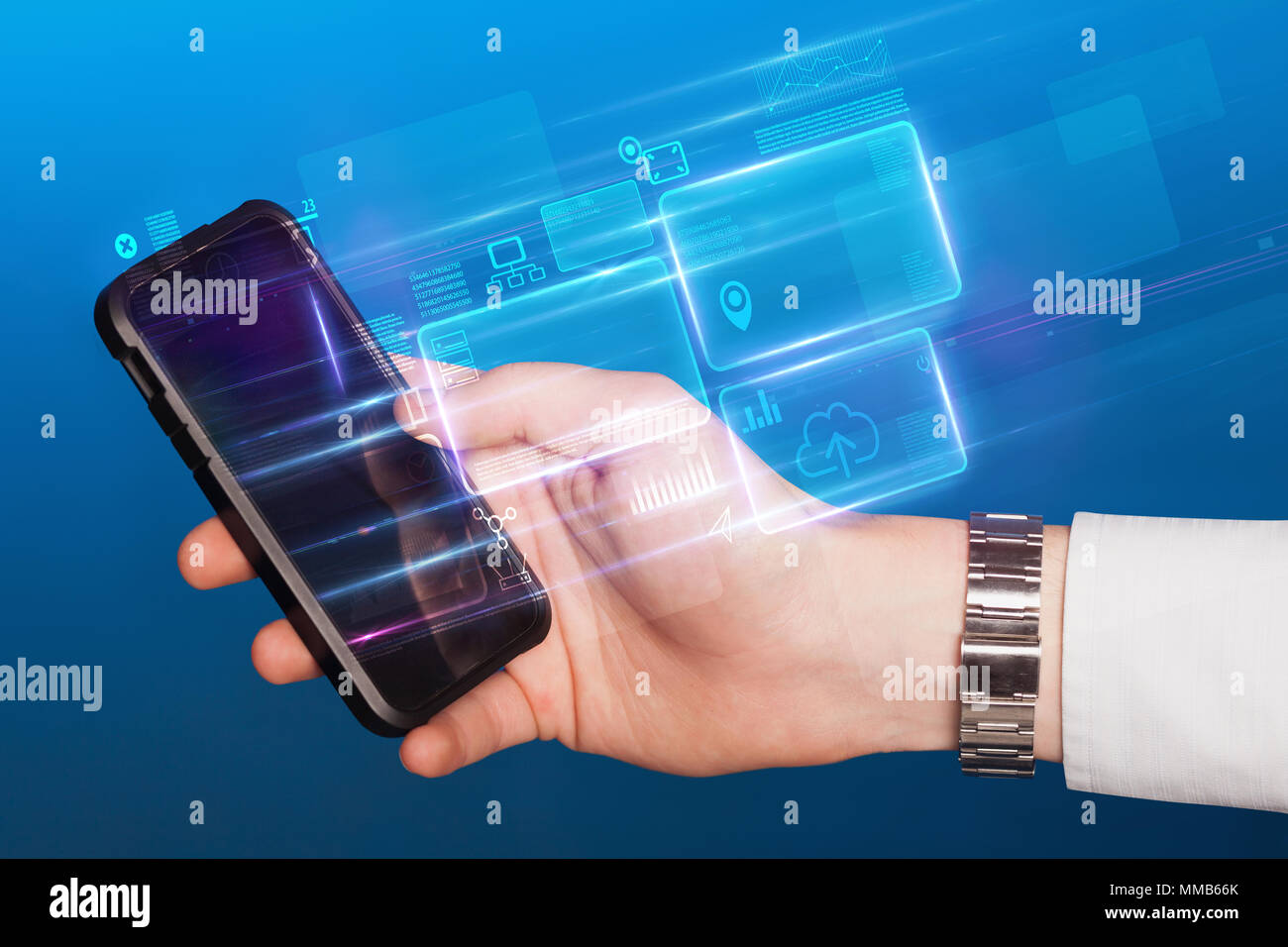 Hand using phone with database reports and online work concept Stock ...