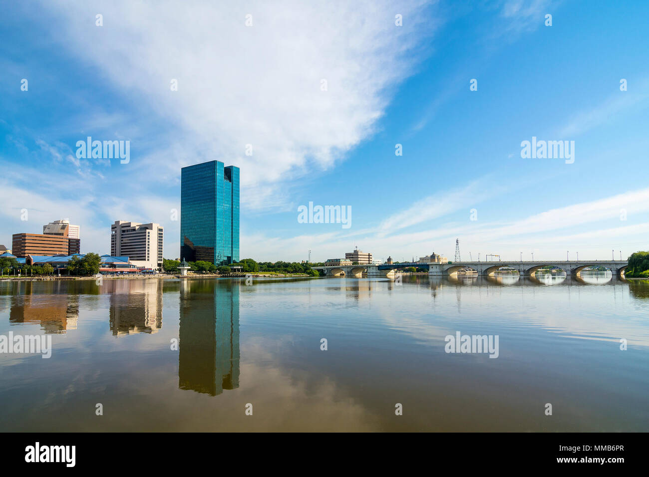 A panoramic view of downtown Toledo Ohio's skyline reflecting into the ...