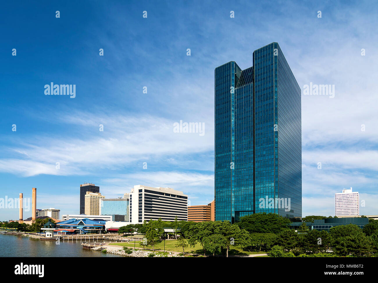A panoramic view of downtown Toledo Ohio's skyline and the Maumee river ...