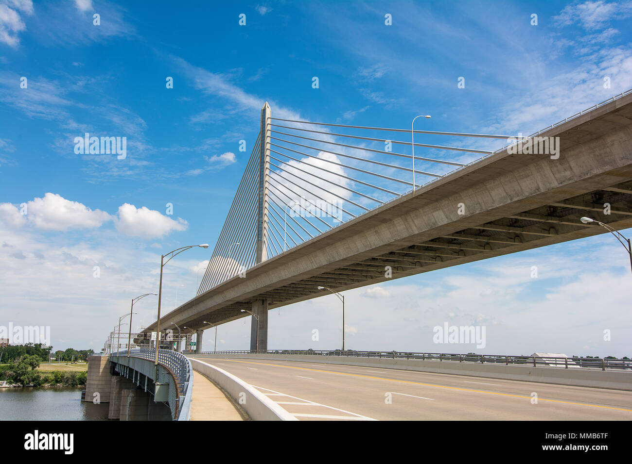 A view looking up of the Veterans' Glass City Skyway bridge in Toledo ...