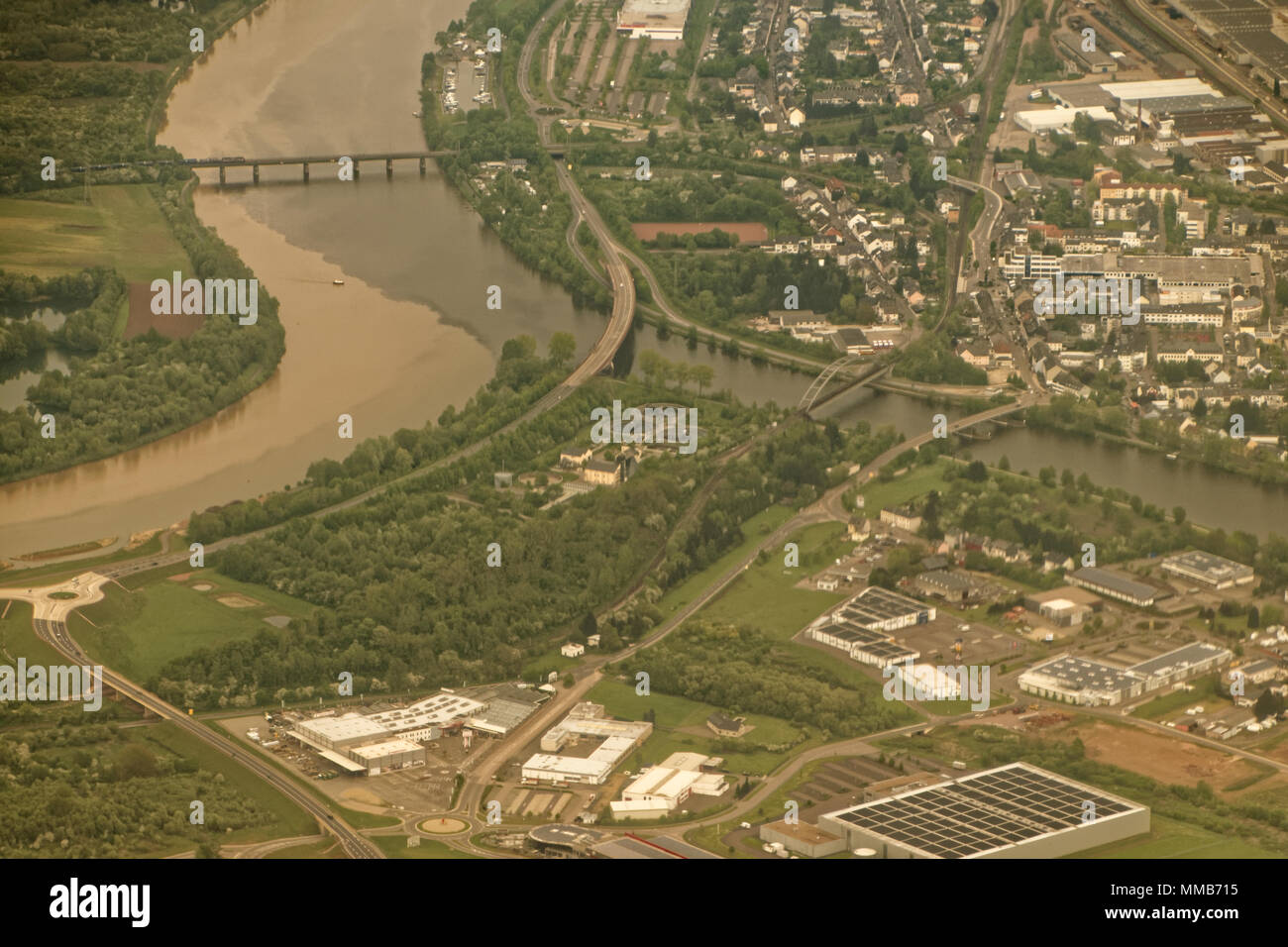 Confluence of Mosel and Saar, Konz, Germany, aerial view Stock Photo ...