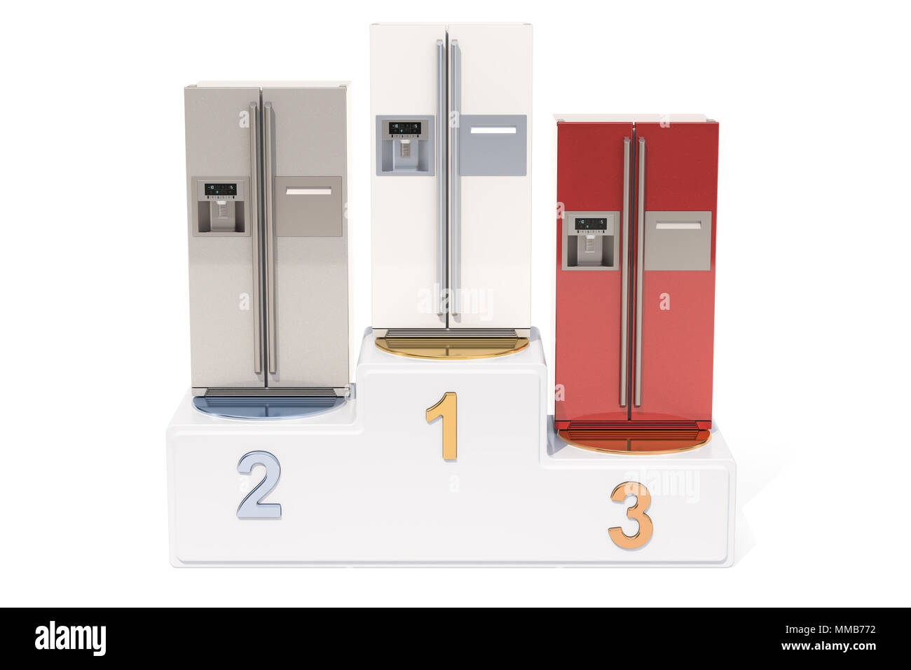 Fridge ratings concept. Winners podium with modern fridge with side-by ...
