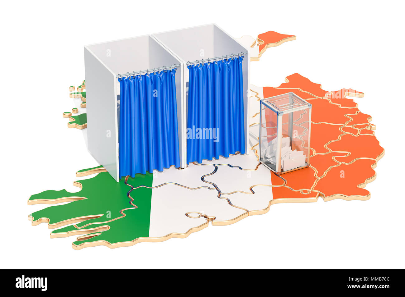 Irish election concept, ballot box with voting booths on map of Ireland ...