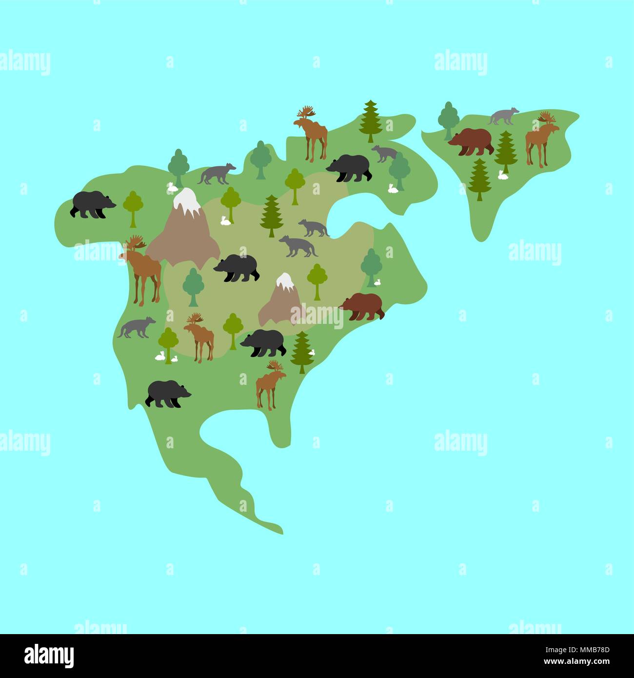 North America map flora and fauna. Animals and plants on mainland ...