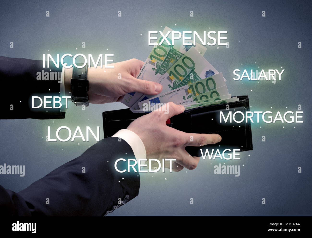 Businessman's hand takes out euro from wallet with bank keywords Stock ...