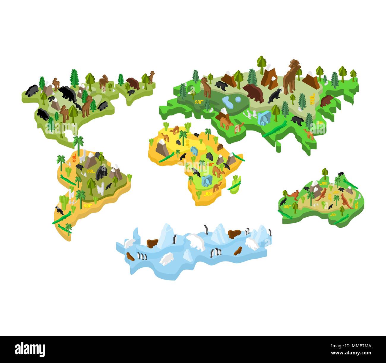 World map animal Isometric style. Earth continent flora and fauna ...