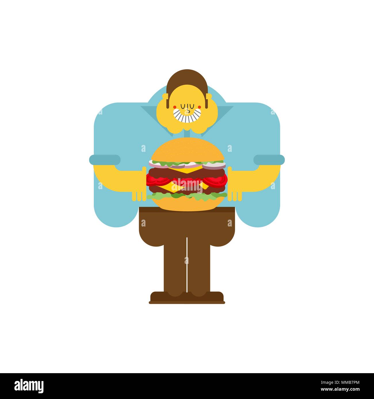 Fat guy and hamburger. obesity man and burger. Vector illustration ...