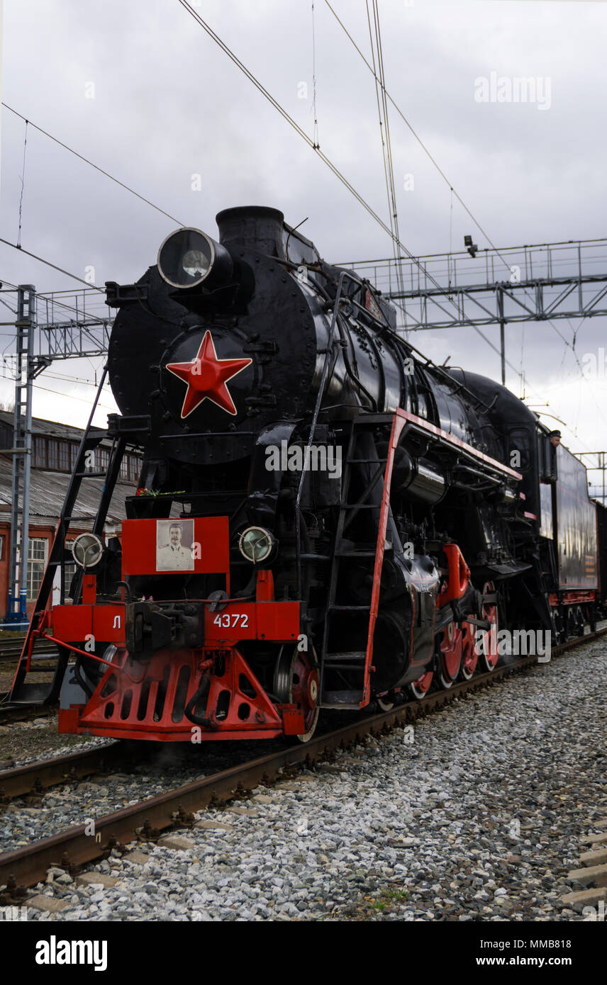 Perm, Russia - May 09, 2018: restored Soviet class L steam locomotive ...