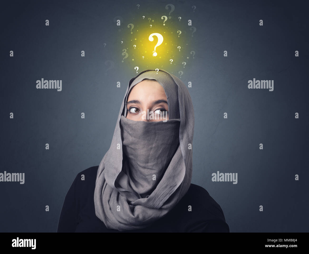 Young muslim woman wearing niqab with yellow question marks above her ...