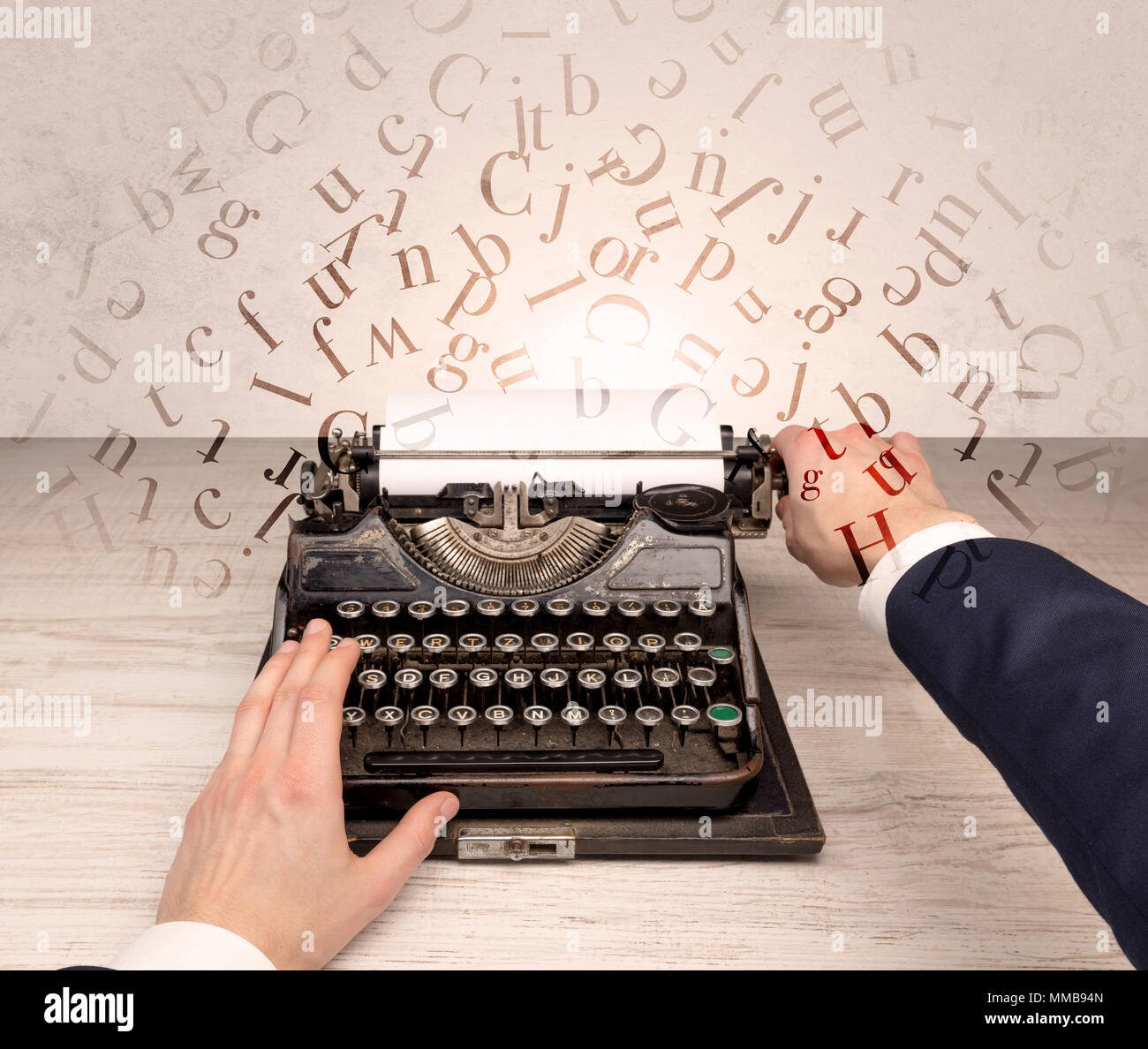 First person perspective elegant hand writing on typewriter with flying ...