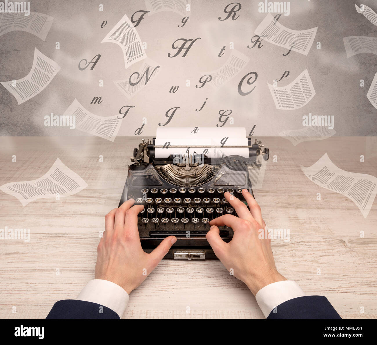 First person perspective hand typewriting with flying documents around ...