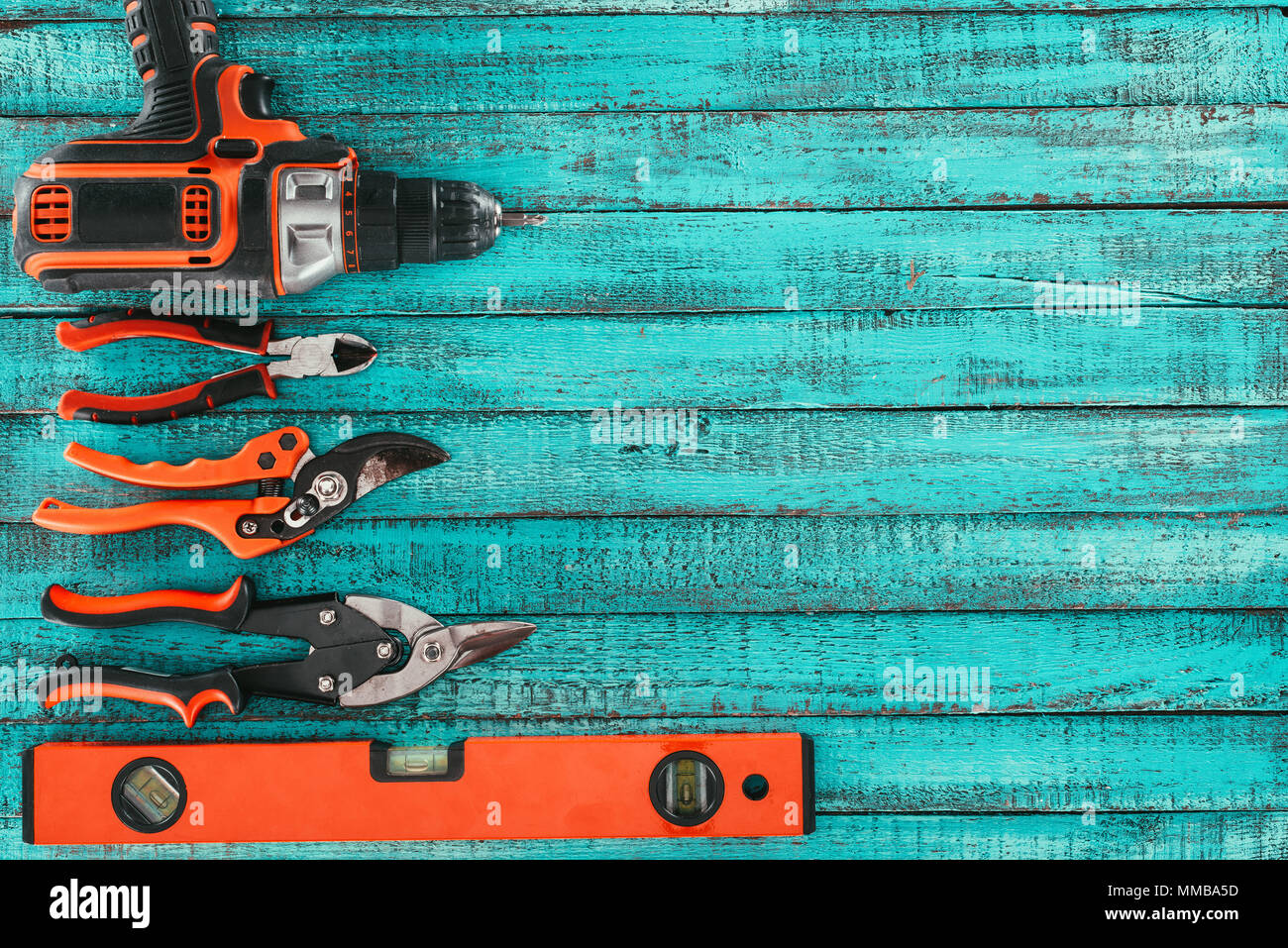 flat lay with various carpentry equipment on blue wooden surface Stock ...