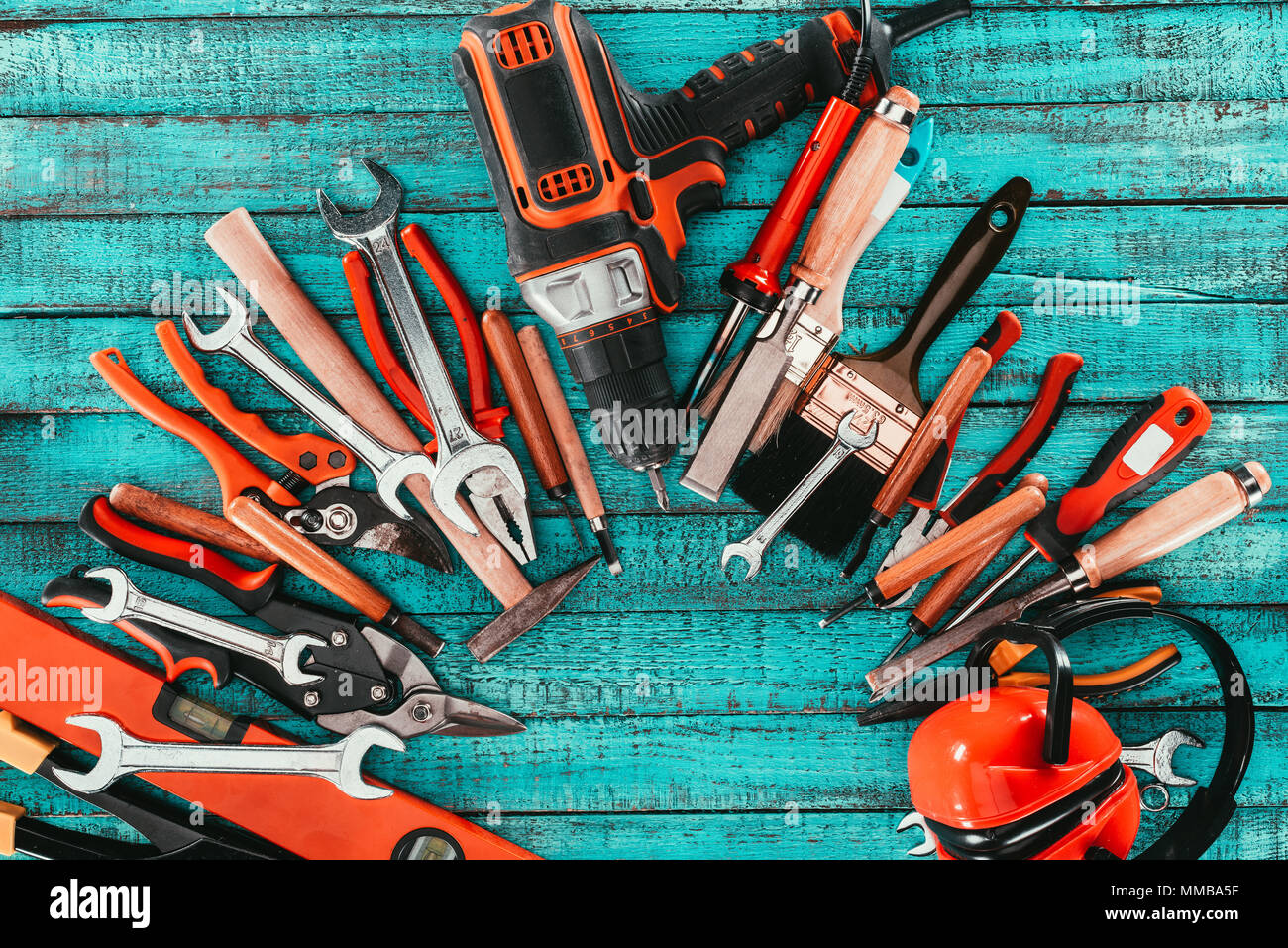 flat lay with various carpentry equipment on blue wooden surface Stock ...