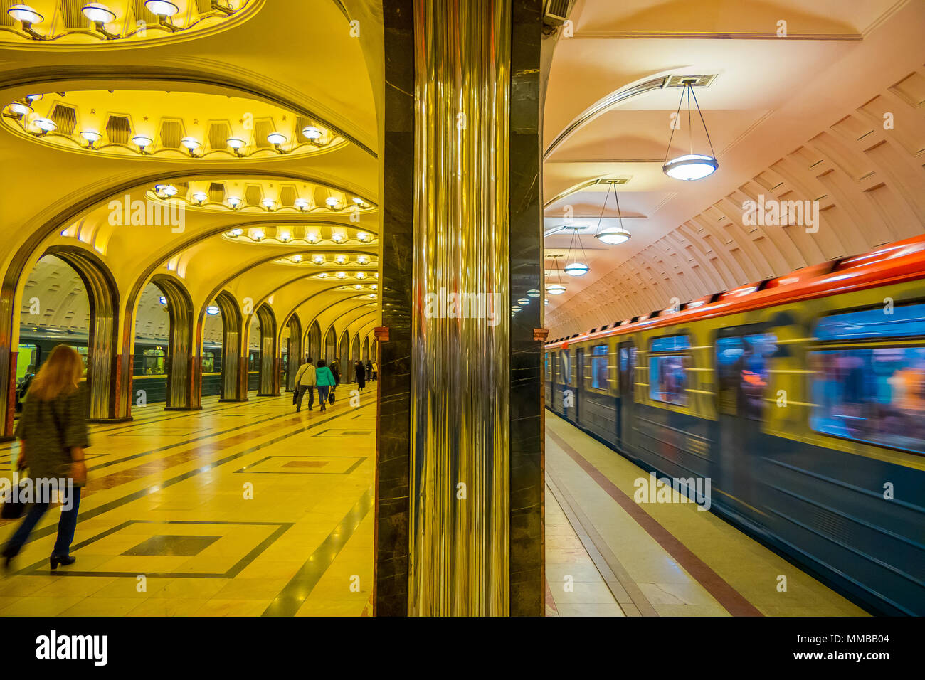 MOSCOW, RUSSIA- APRIL, 29, 2018: Mayakovskaya subway station in Moscow ...