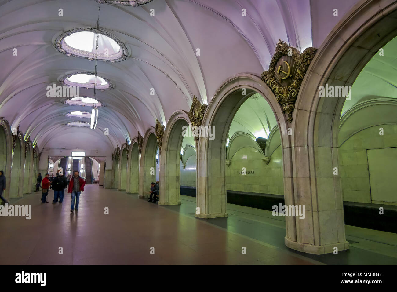 MOSCOW, RUSSIA- APRIL, 29, 2018: Interior view of white marble pillar ...