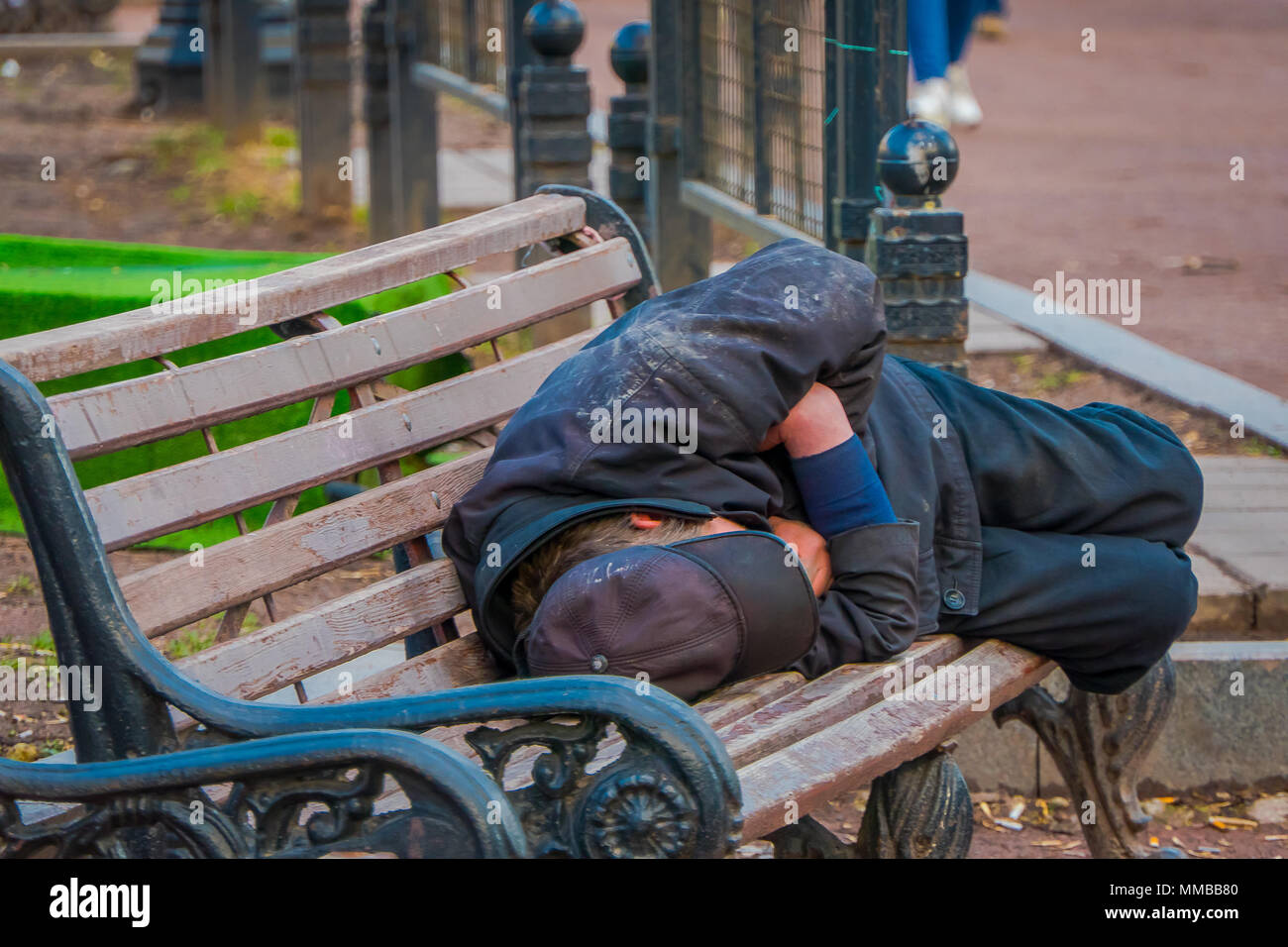 MOSCOW, RUSSIA- APRIL, 29, 2018: Outdoor view of unidentified homeless ...