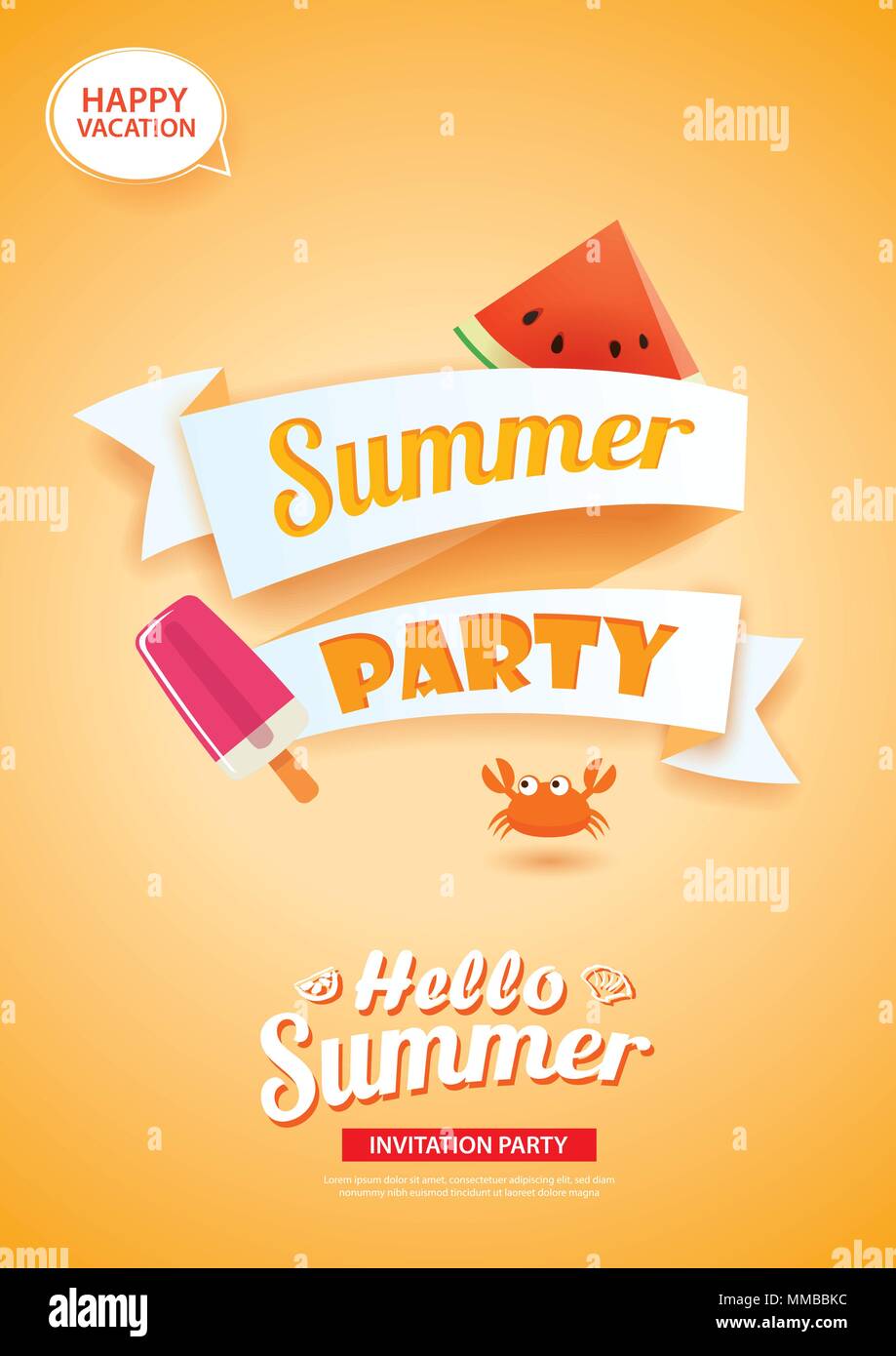 Hello summer party card banner with orange background. Use for poster ...