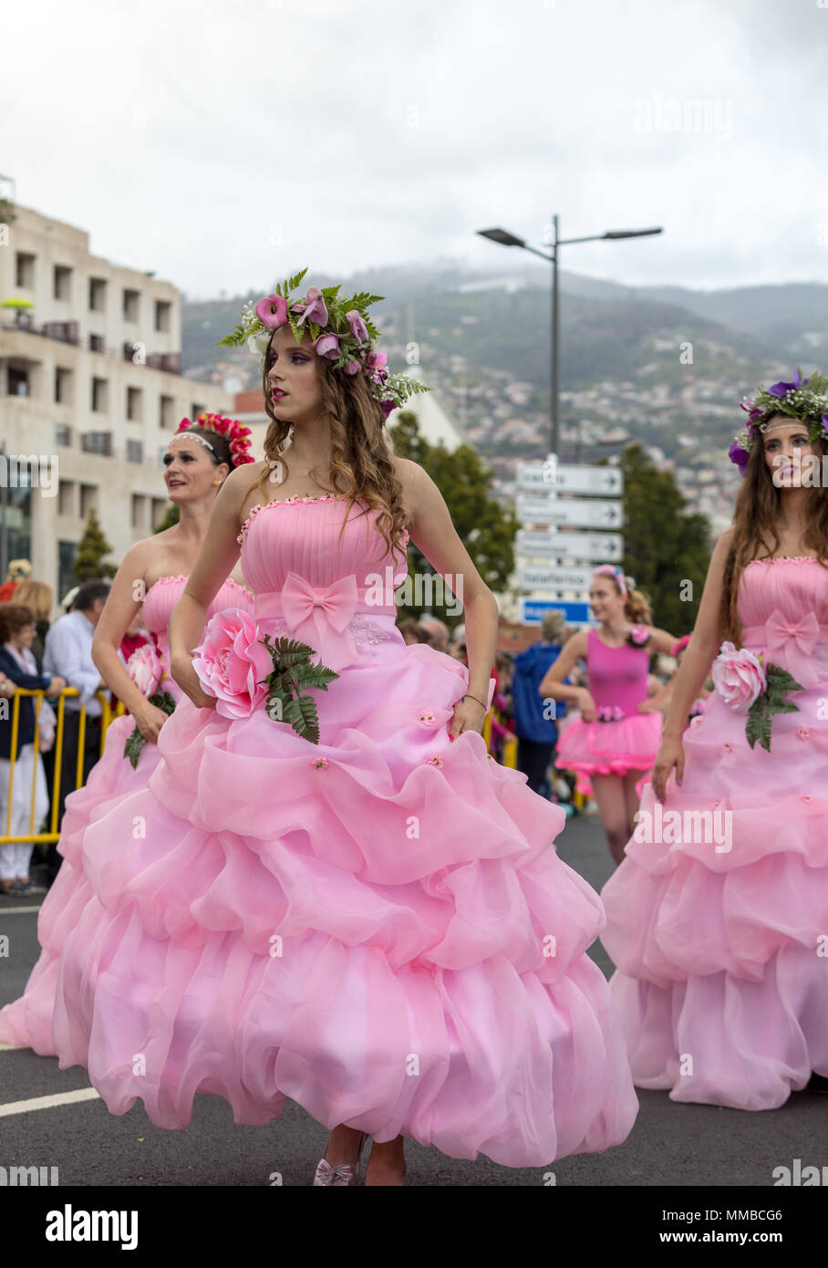 Funchal; Madeira; Portugal - April 22; 2018: A group of people in pink ...