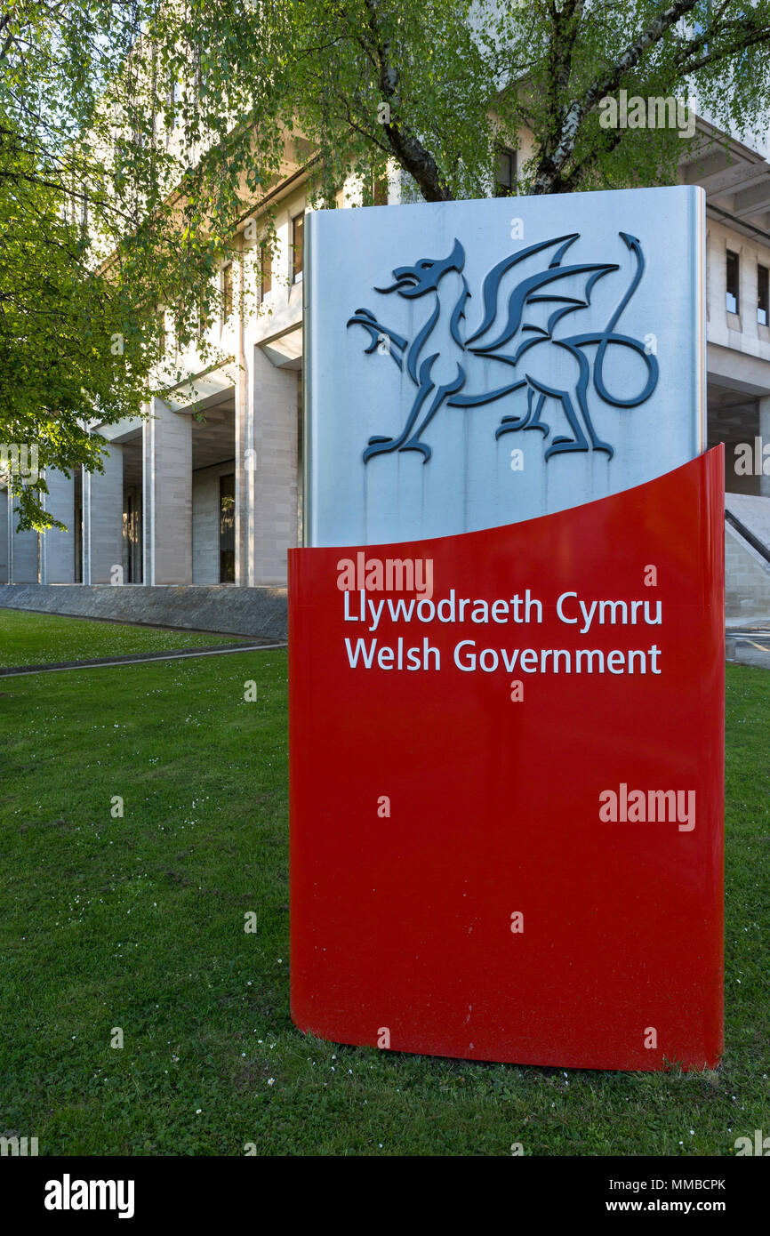 Welsh Government sign outside building in Cathays Park, Cardiff, Wales ...
