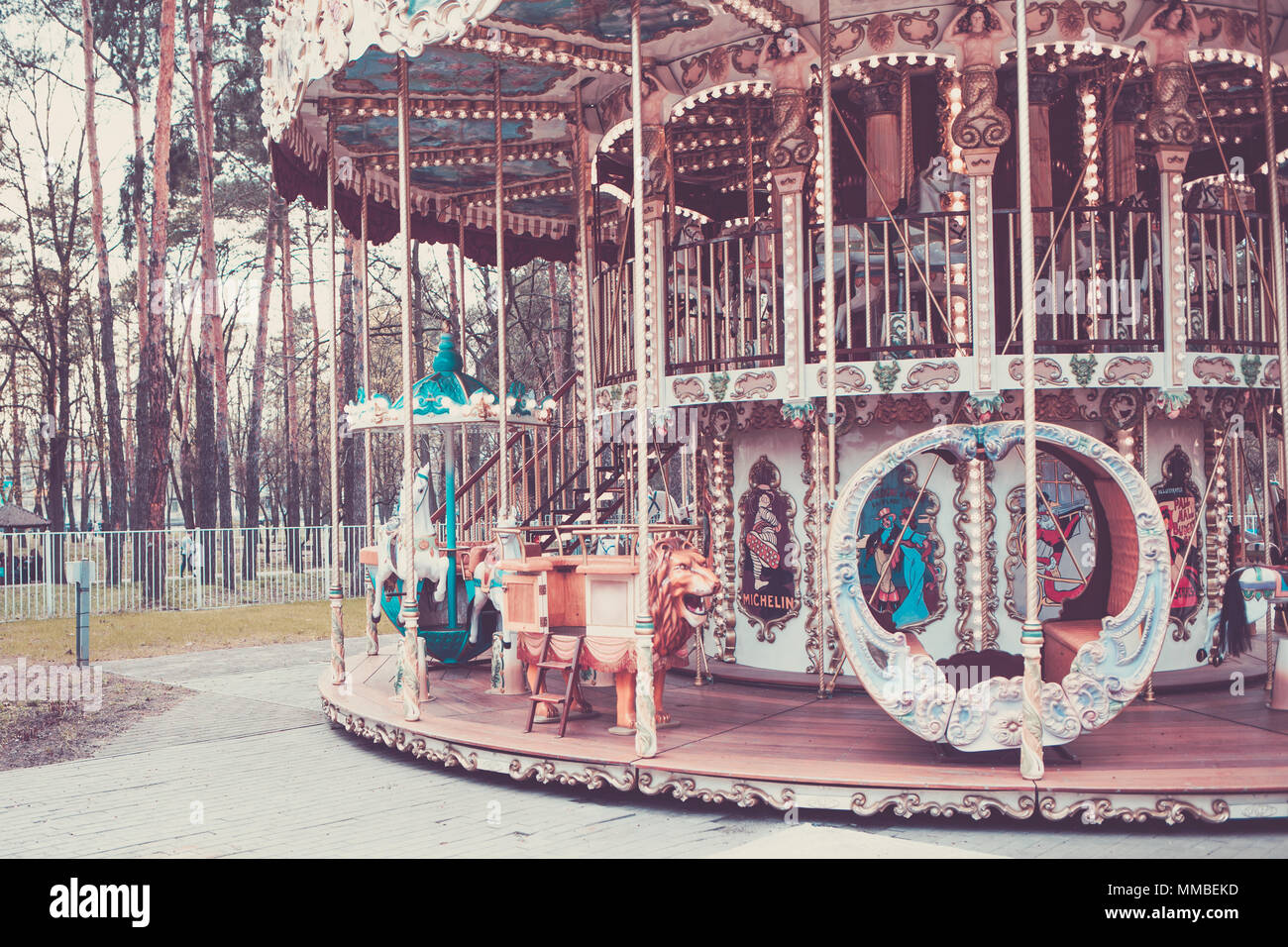 Outdoor vintage flying horse carousel in the city. beautiful bright ...