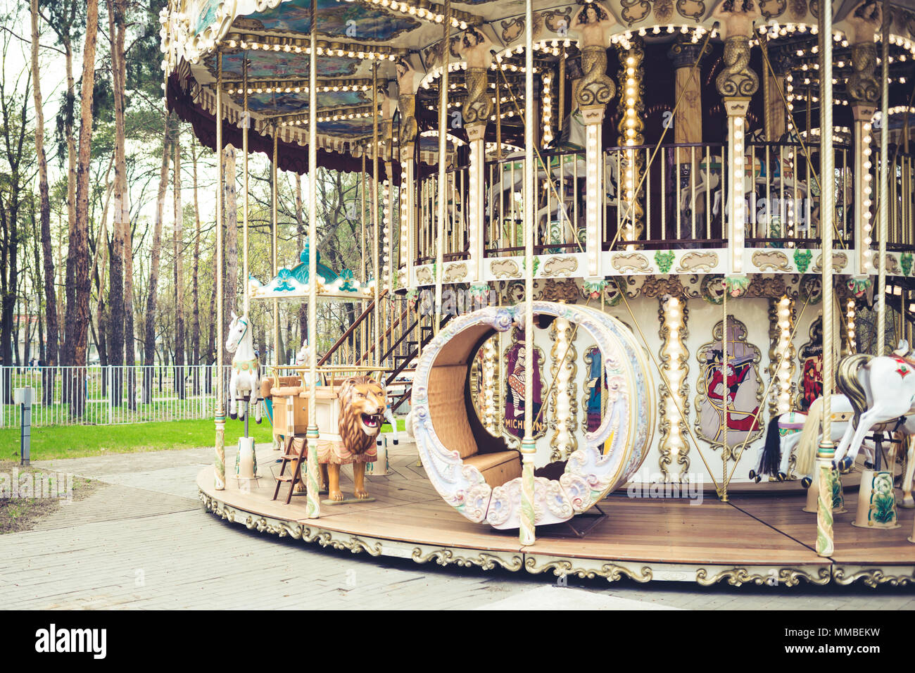 Outdoor vintage flying horse carousel in the city. beautiful bright ...