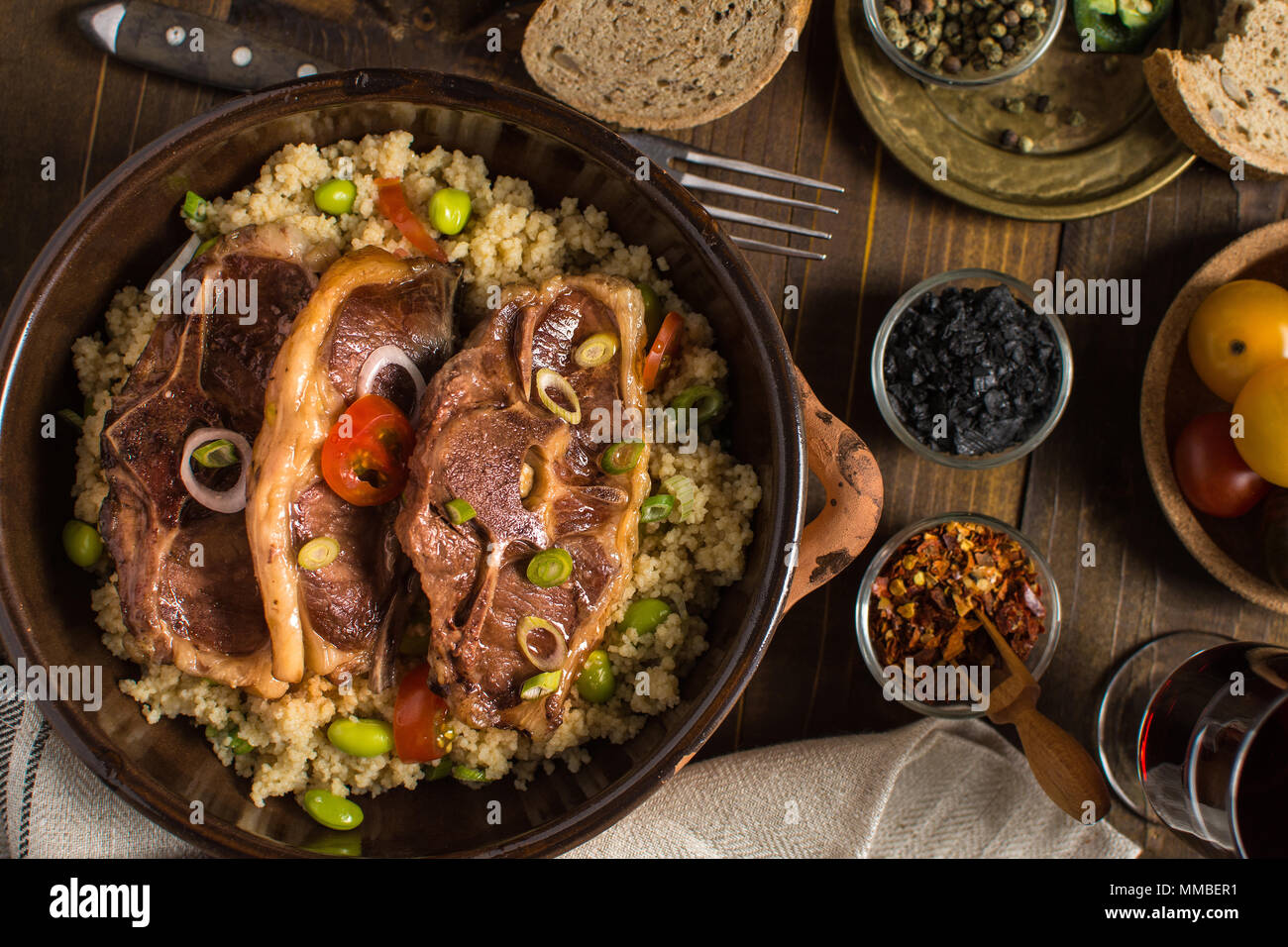 Homemade Lamb Loin Chops with Couscous and Soybean Stock Photo - Alamy