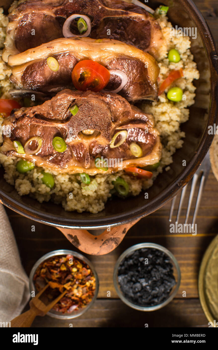 Homemade Lamb Loin Chops with Couscous and Soybean Stock Photo - Alamy