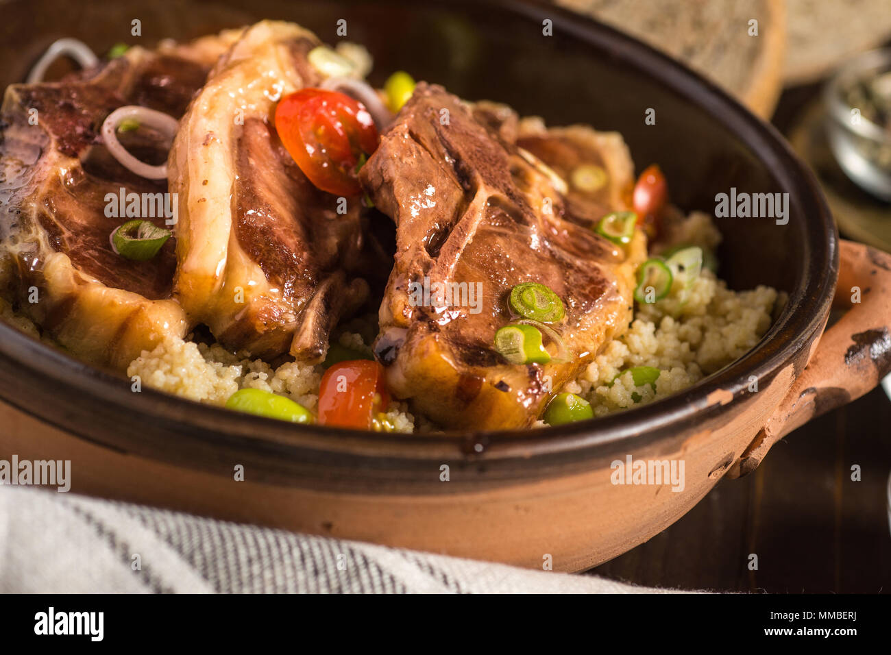 Homemade Lamb Loin Chops with Couscous and Soybean Stock Photo - Alamy
