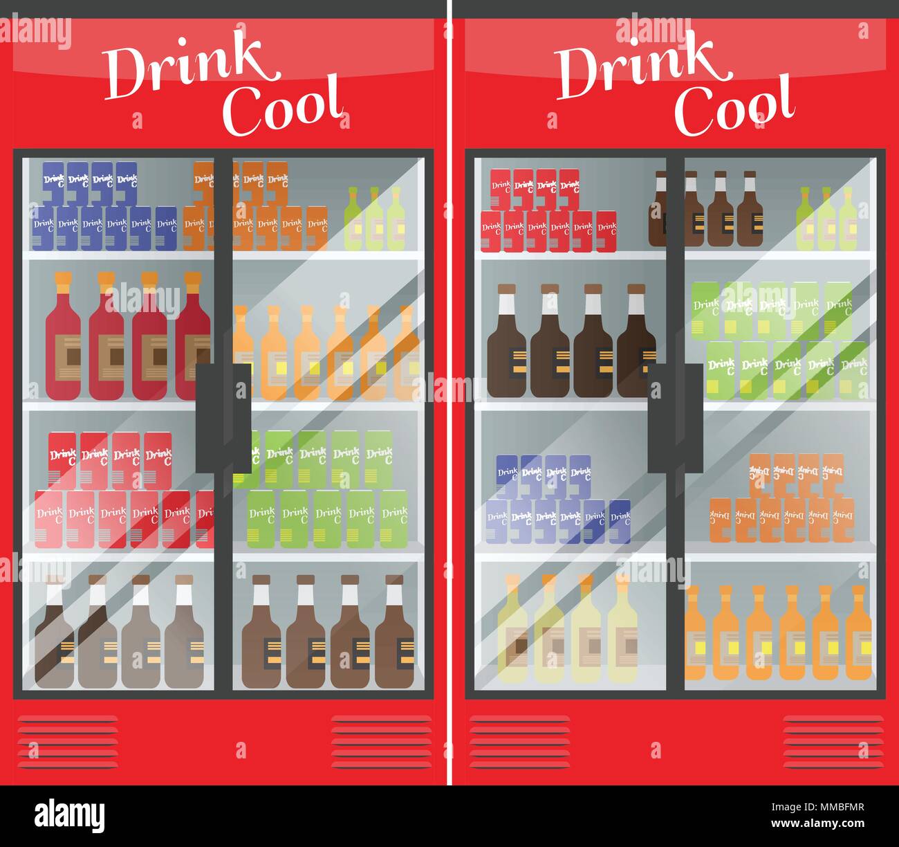 Refrigerated supermarket display case full with multiple drinks and ...