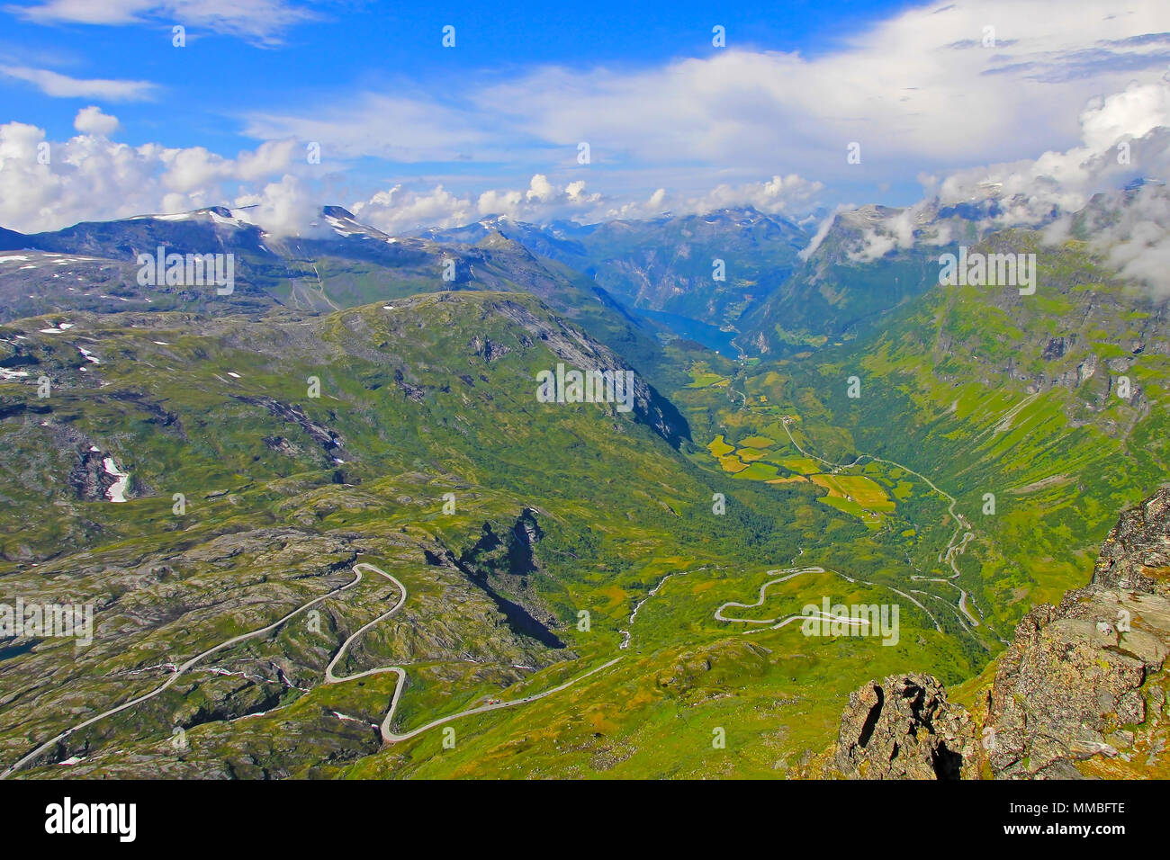 Panoramic view from top of Dalsnibba on Nibbevegen road leading down to ...
