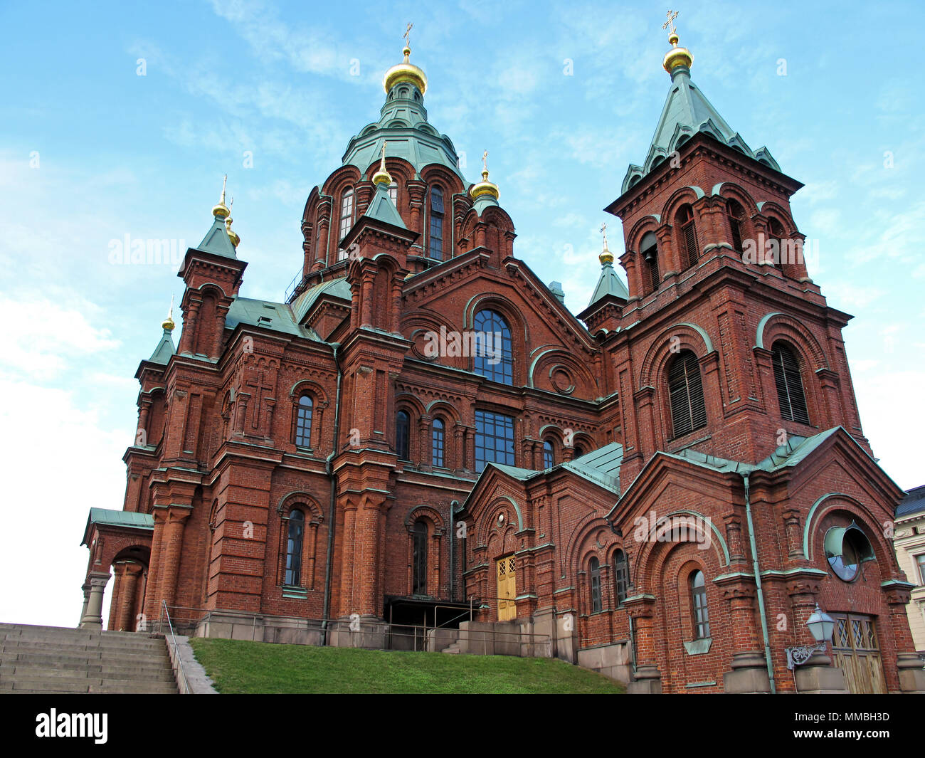 Uspenski Cathedral on hill, red turquoise orthodox church, Helsinki ...