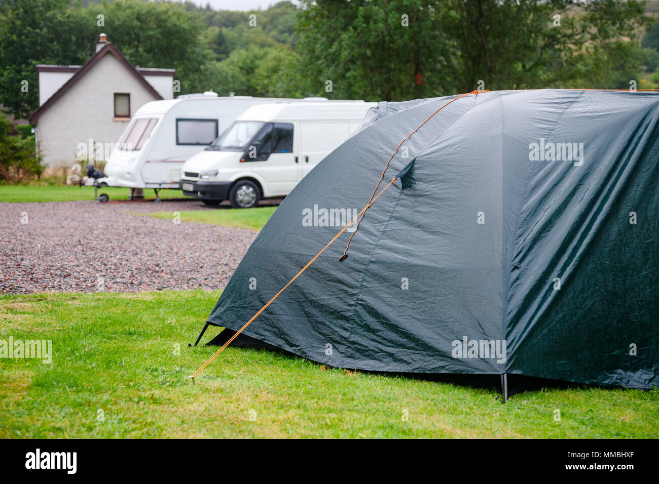 Wet camping tent at scottish campsite on a rainy day. Highlands of ...