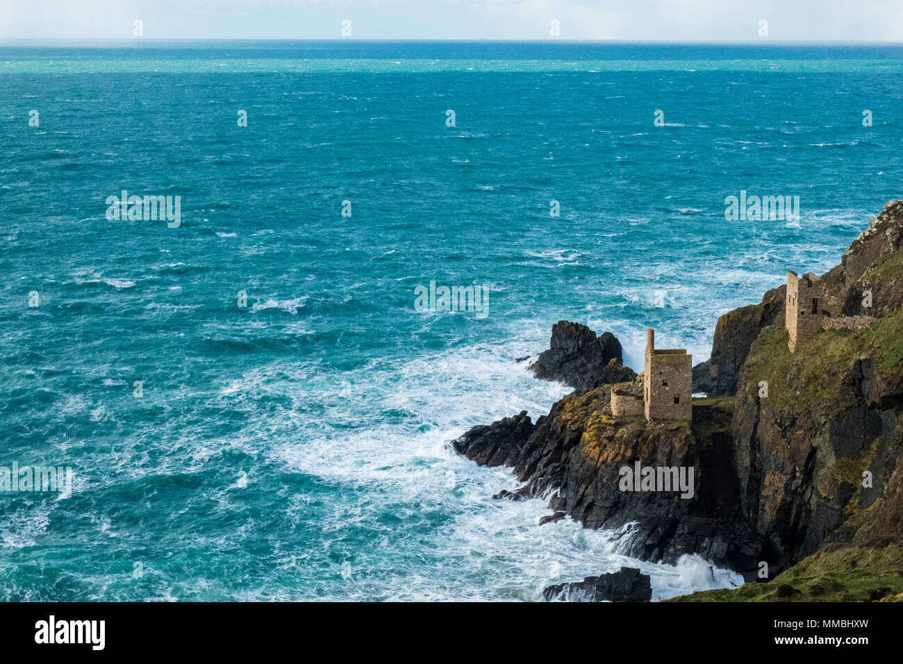 Botallack Crown Mines, view down onto ruined mine workings and wheel ...