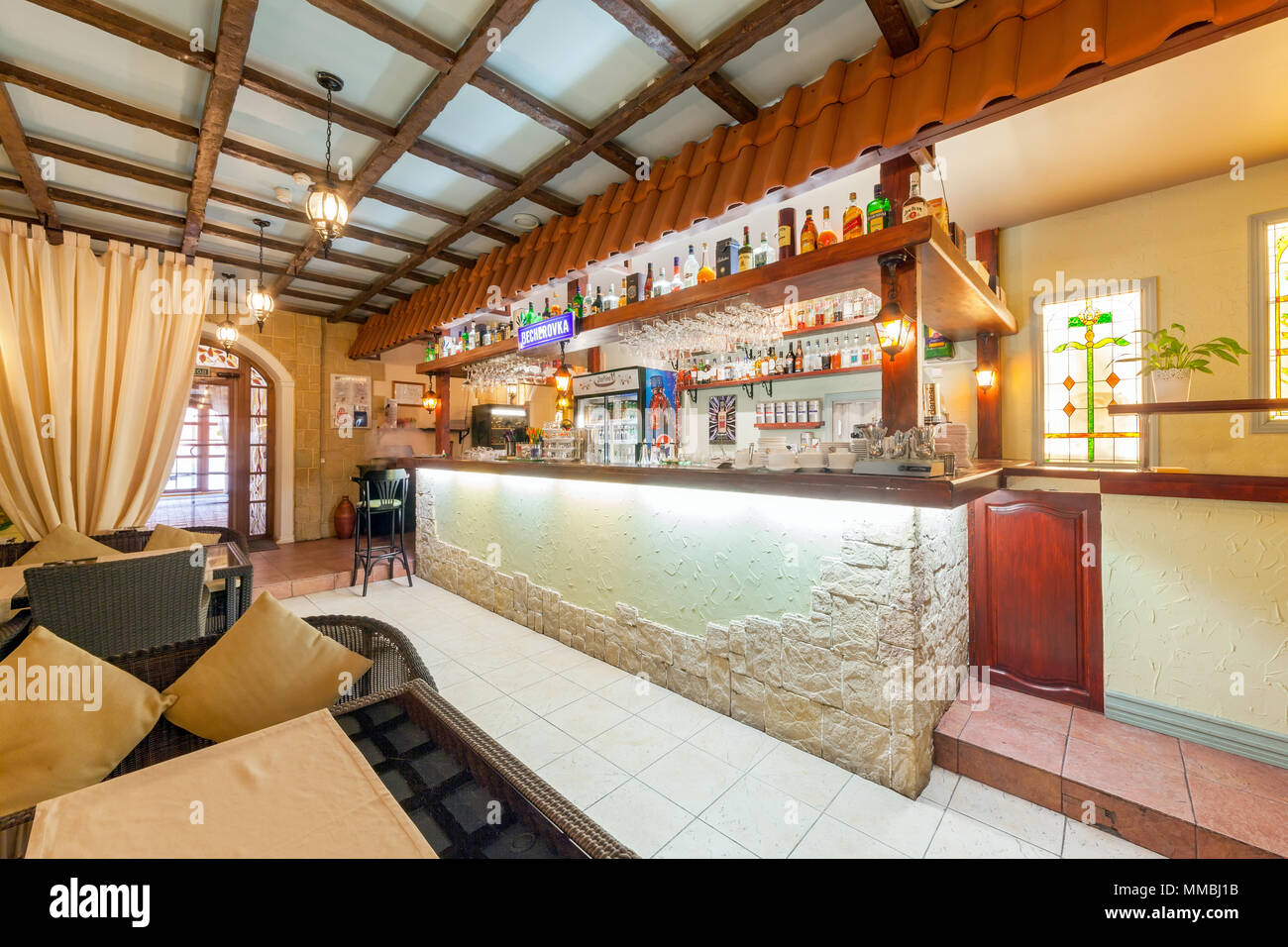 MOSCOW - AUGUST 2014: Interior of network inexpensive restaurant of ...