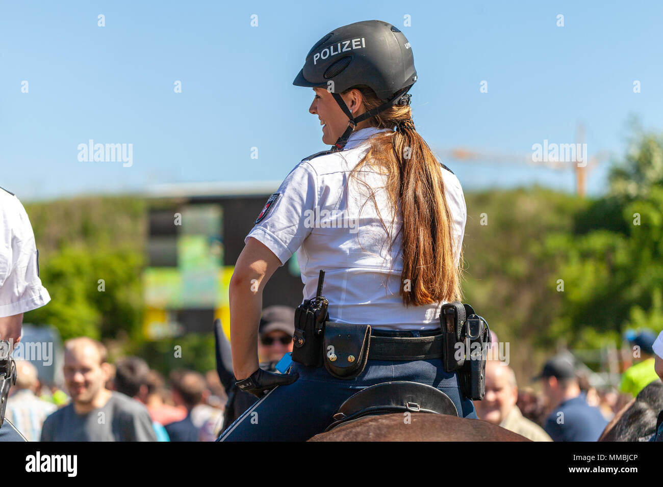 DELMENHORST / GERMANY - MAY 6, 2018: German police horsewoman rides on ...
