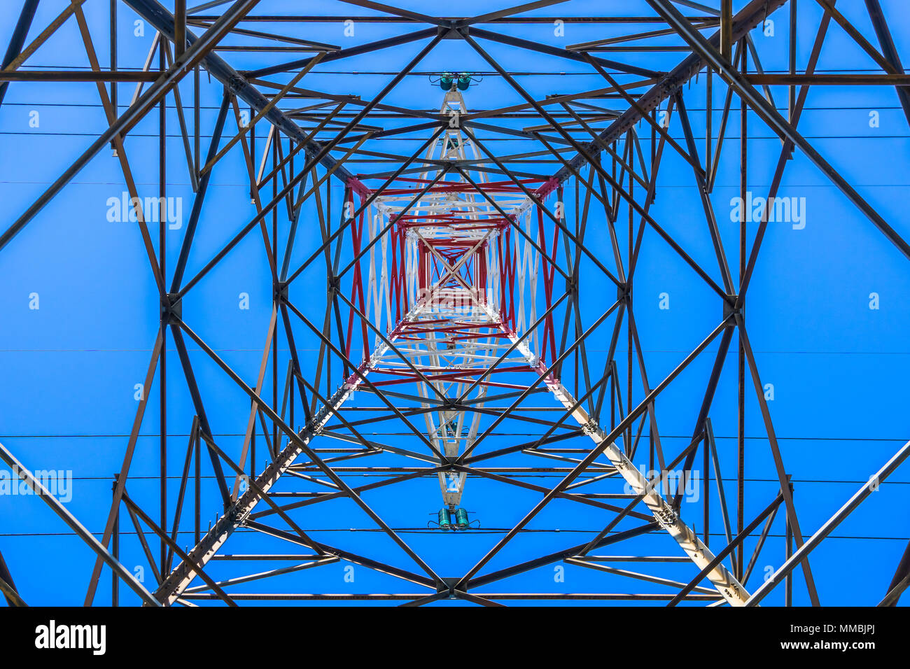 Bottom view of the metallic and symmetrical structure of a high voltage ...