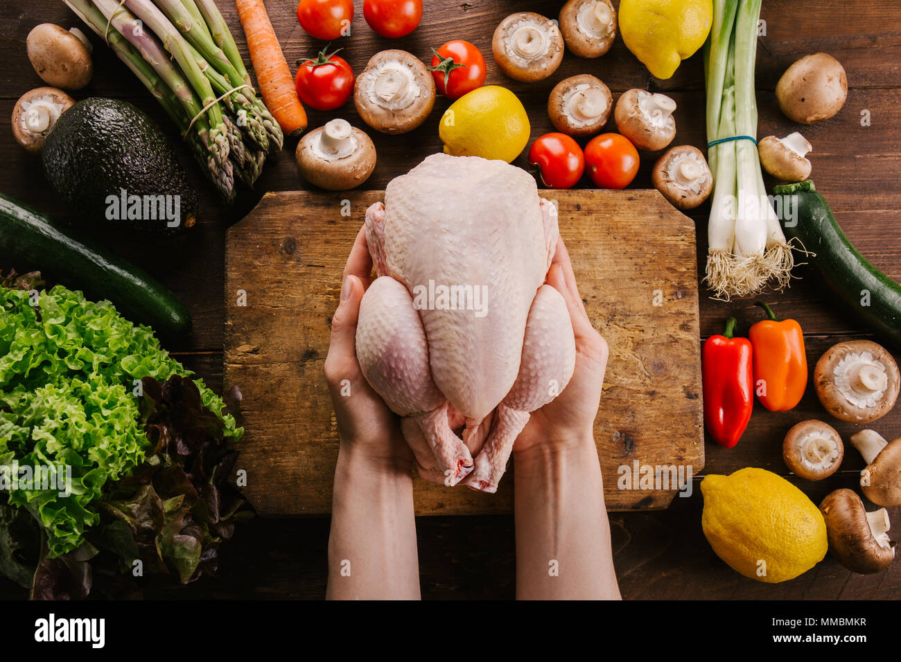 Top View of Preparing fresh raw chicken. Hands of young cook putting ...